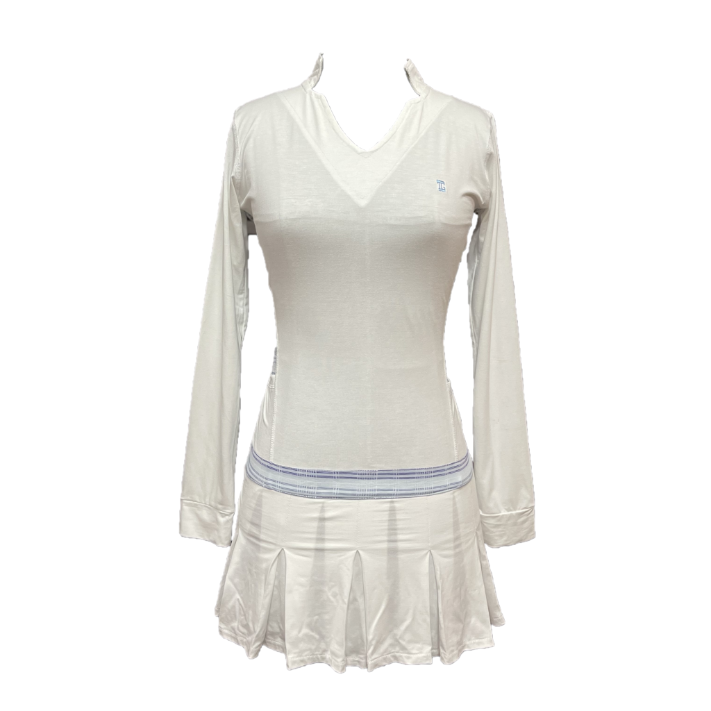 GD-027A || Golf Dress White, Open V Neck Mandarin Collar Pleated Swing ...